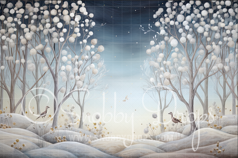 Birds and Trees Winter Fabric Backdrop by Snobby Drops