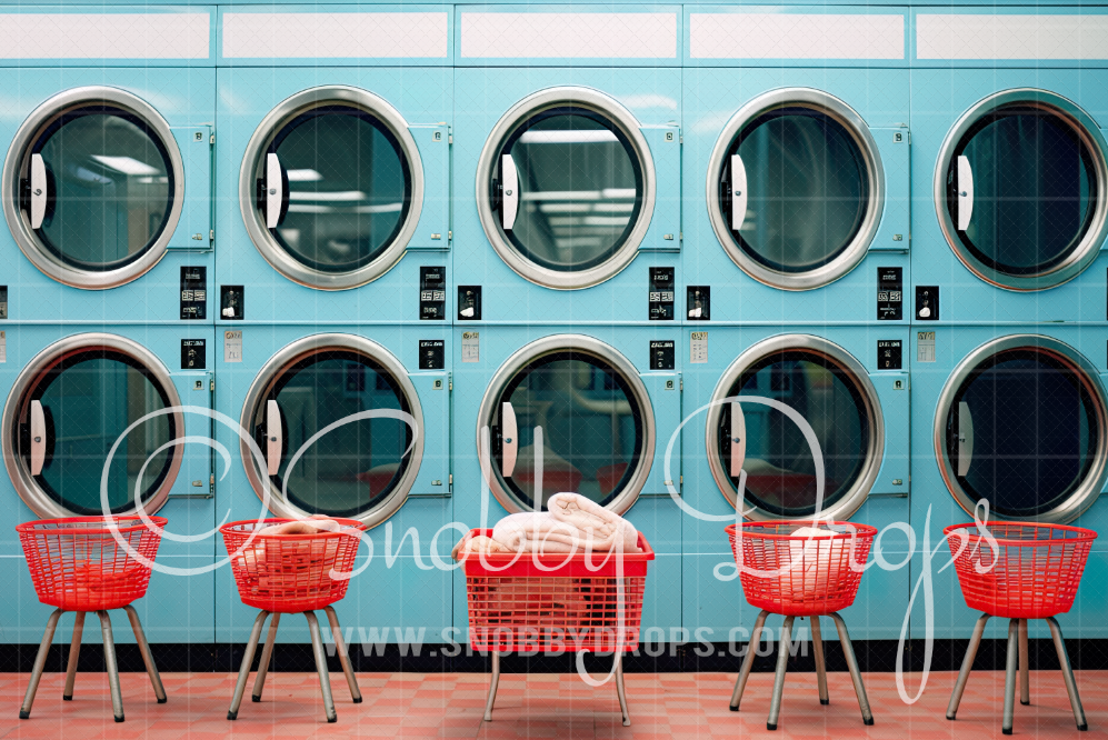 Blue Retro Washing Machines Fabric Backdrop by Snobby Drops