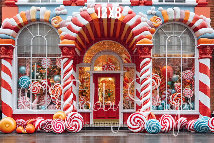 Snobby Drops Christmas Candy Shop Storefront Fabric Backdrop Made in
