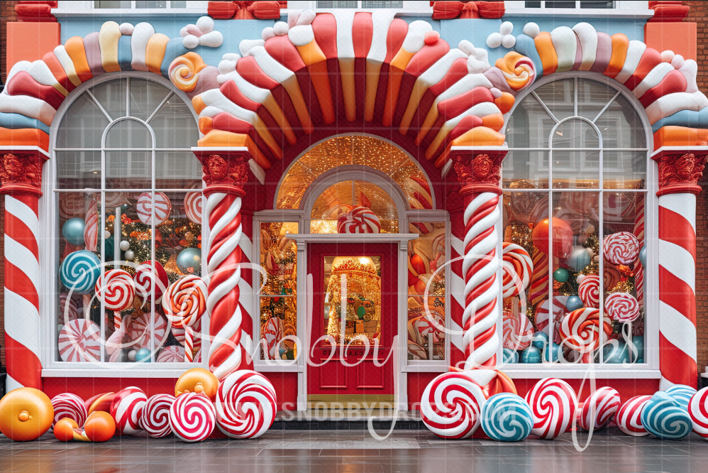 Snobby Drops Christmas Candy Shop Storefront Fabric Backdrop Made in