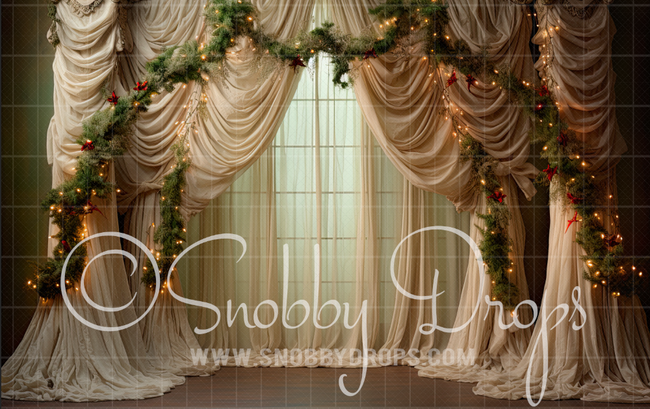 Christmas Curtain with Garland Fabric Backdrop by Snobby Drops