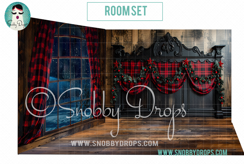 Cozy Christmas Plaid Headboard and Window 3 Piece Fabric Room Set With ...