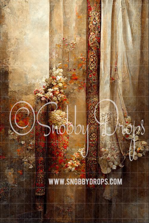 Snobby Drops Fine Art Curtain and Flowers Fabric Backdrop Sweep Made