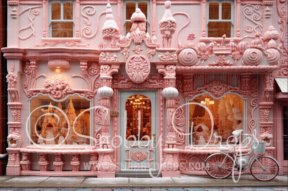 Snobby Drops Frosted Pink Candy Shop Storefront Fabric Backdrop Made