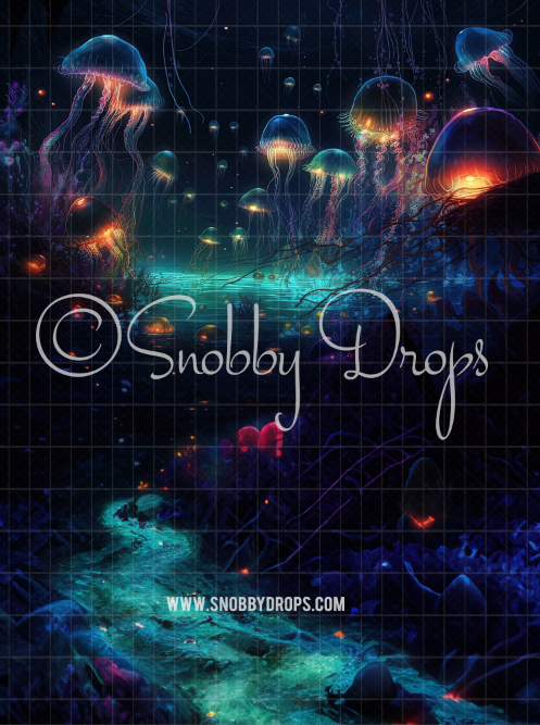 Snobby Drops Glowing Jelly Fish Mermaid Ocean Fabric Backdrop Sweep
