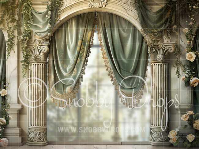 Green Curtains and Pillars Fabric Backdrop by Snobby Drops USA