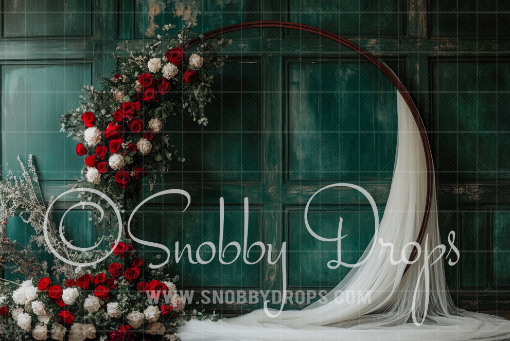 Green Wainscot Panel Wall with Red Roses Circular Arch and Tulle ...