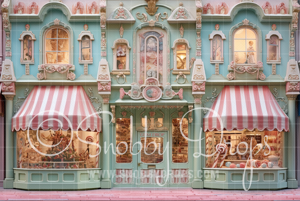 Snobby Drops Gum Drop Candy Shop Storefront Fabric Backdrop Made in