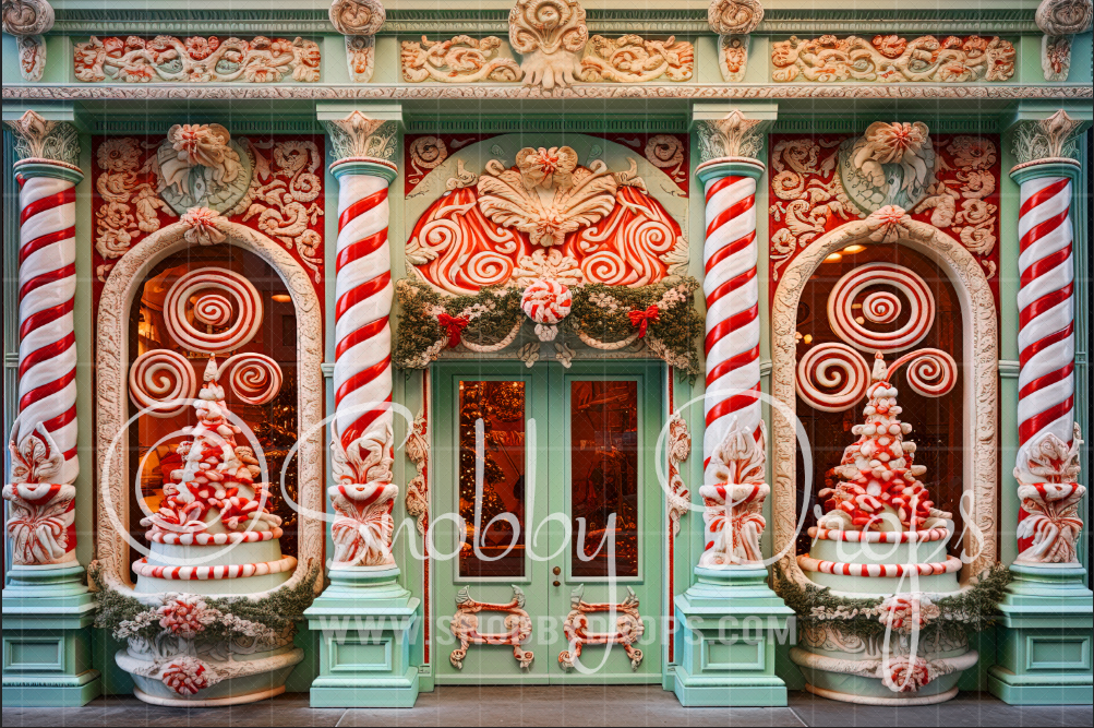 Snobby Drops Peppermint Candy Shop Storefront Fabric Backdrop Made in