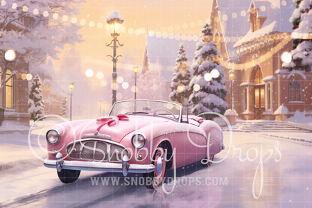 Pink Dollhouse Sports Car Christmas Fabric Backdrop by Snobby Drops