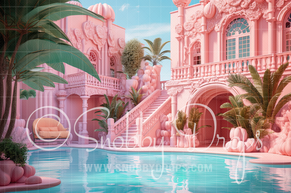 Snobby Drops Pink Dreamhouse Mansion Pool Patio Fabric Backdrop Made