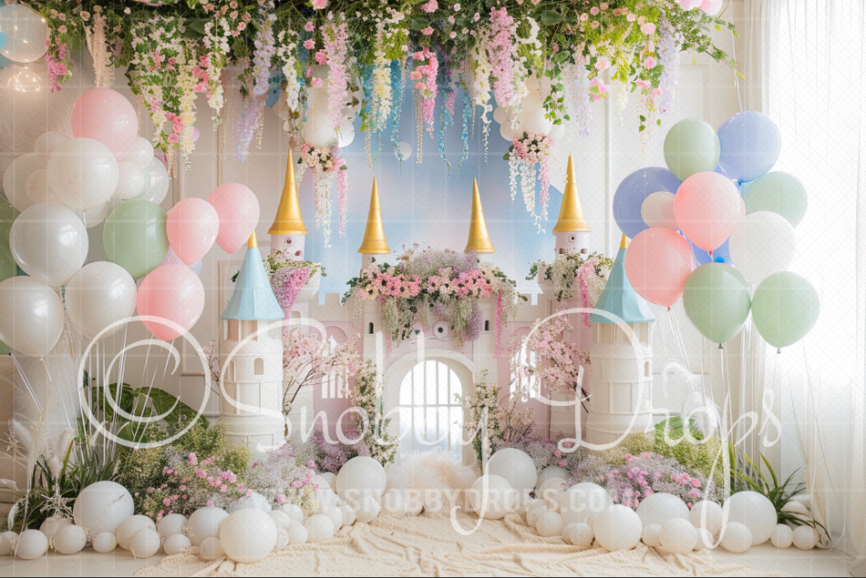Princess Castle with Balloons and Flowers Cake Smash Fabric Backdrop ...
