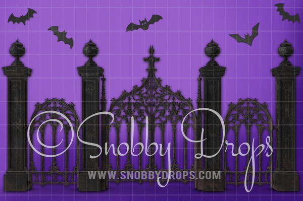 Purple Halloween Cemetery Gate Fabric Backdrop by Snobby Drops