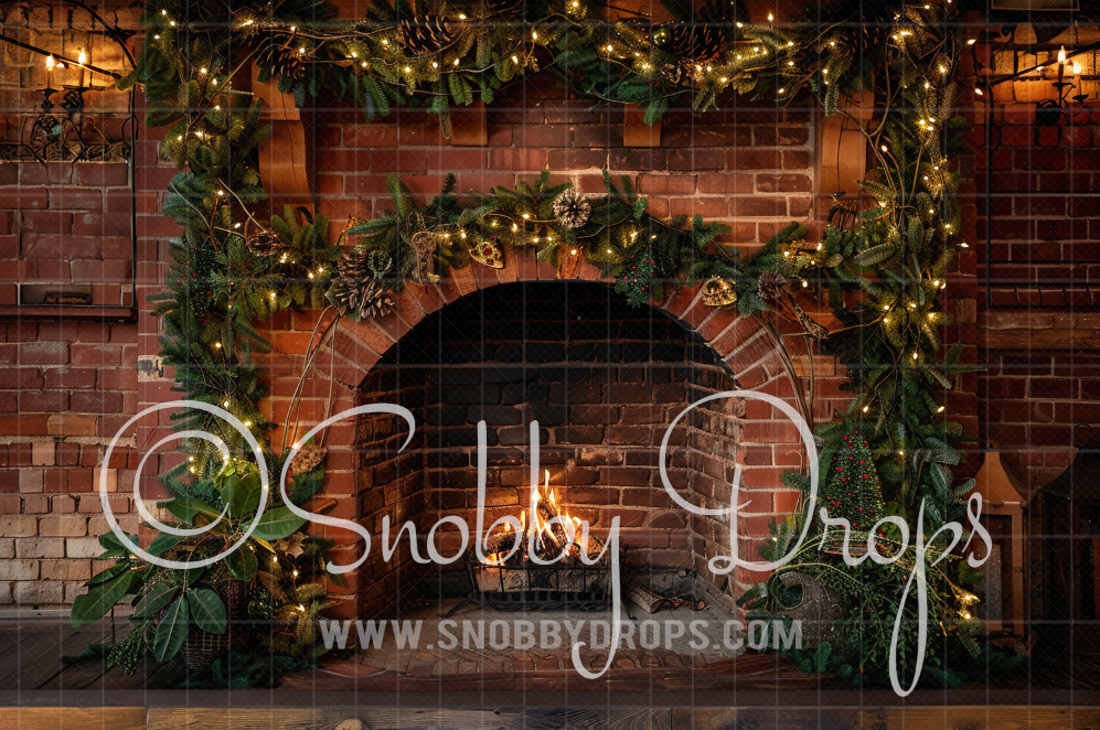 Red Brick Garland Christmas Fireplace Fabric Backdrop MY231 exclusive ...