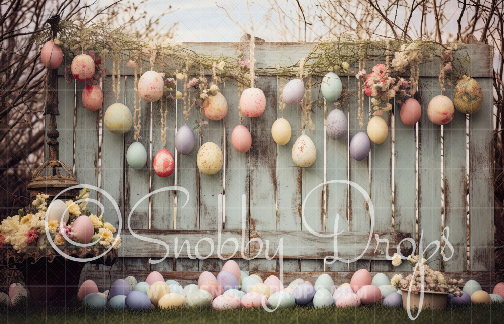 Rustic Fence with Hanging Easter Eggs Fabric Backdrop by Snobby Drops
