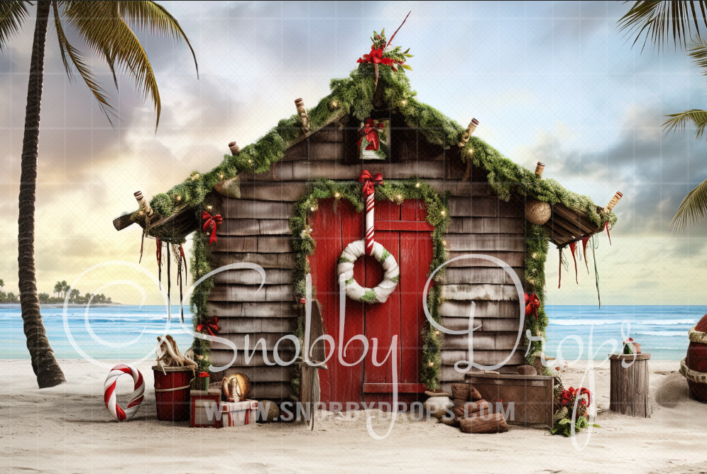 Santa's Christmas Beach Shack Fabric Backdrop by Snobby Drops