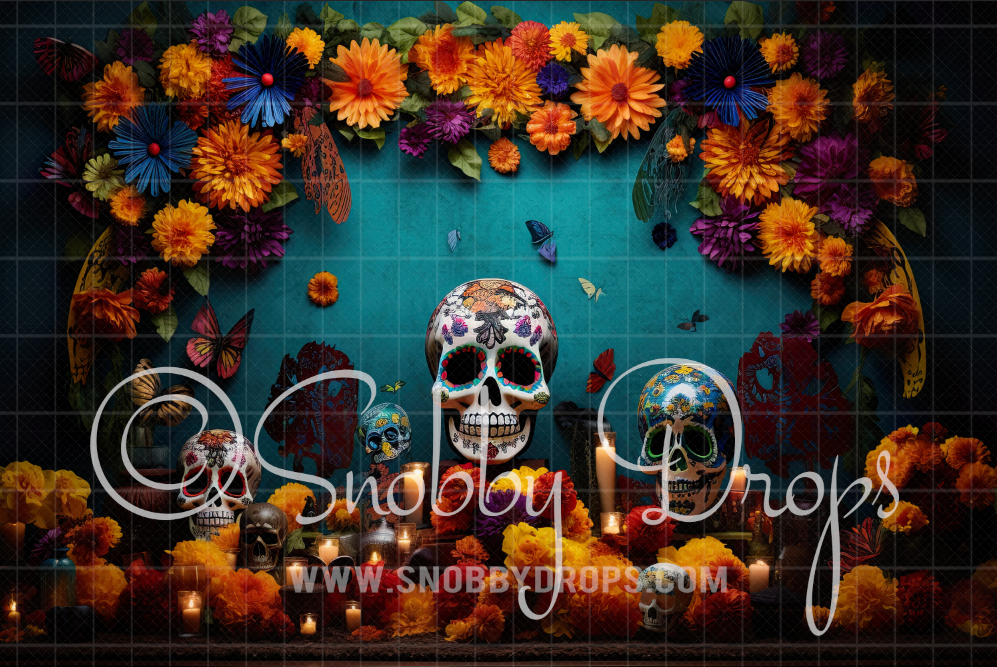 Skulls and Flowers Dia de los Muertos Fabric Backdrop by Snobby Drops