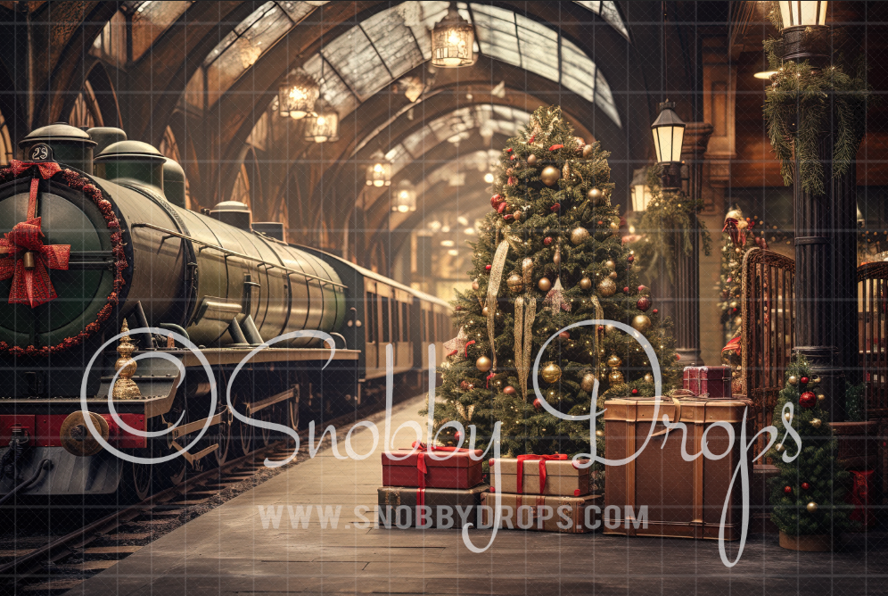 Vintage Christmas Train Station Fabric Backdrop by Snobby Drops